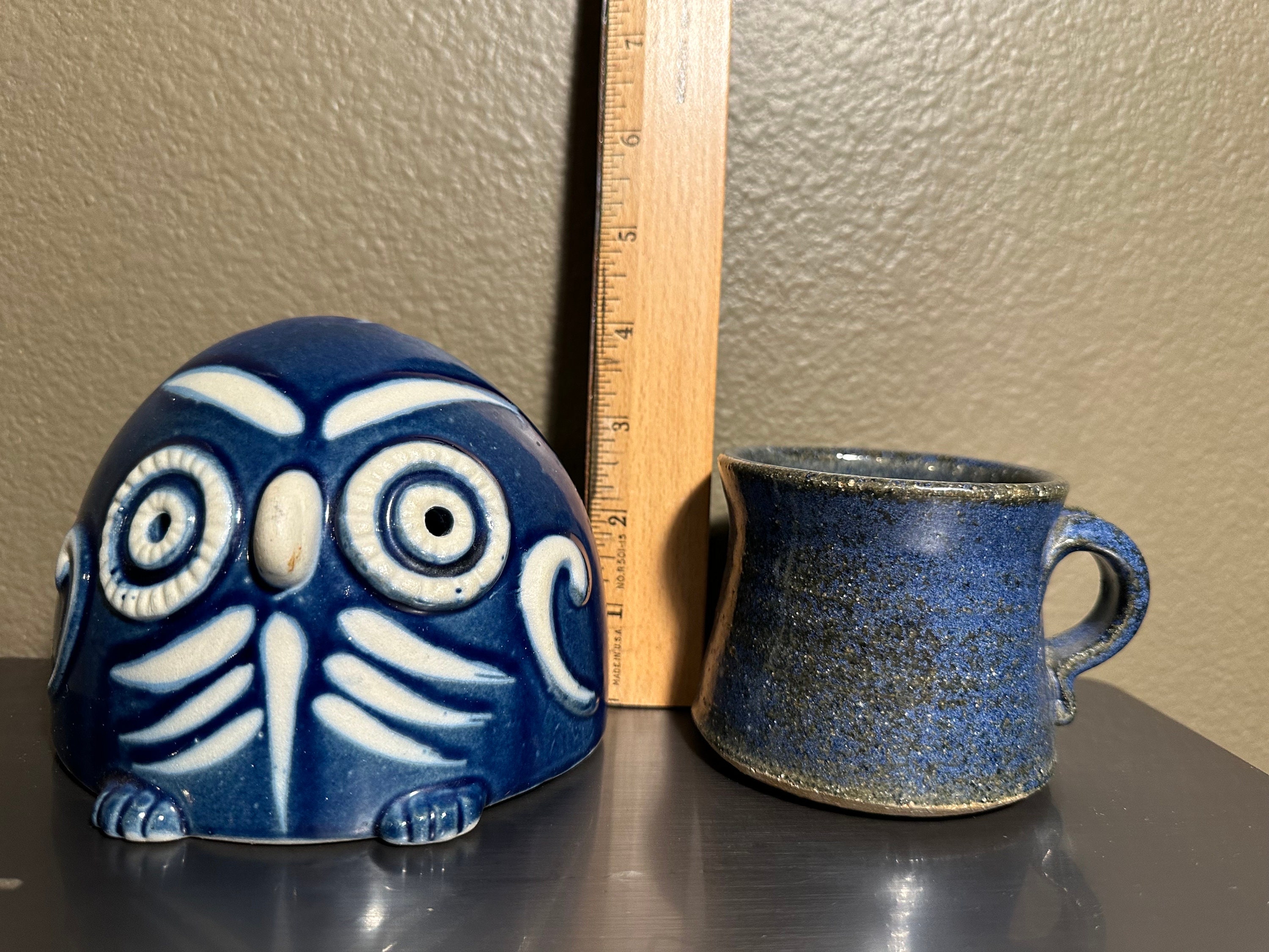 An Unique Art Pottery Blue Ceramic OWL and a Rusty Blue Mug - Etsy