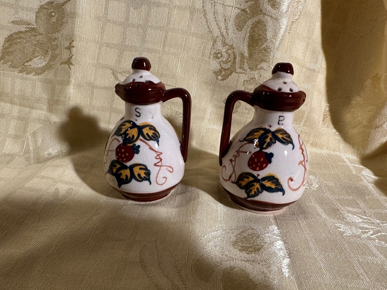 Brown White Jug Pitcher Salt & Pepper Shakers With Strawberries Leaves ...