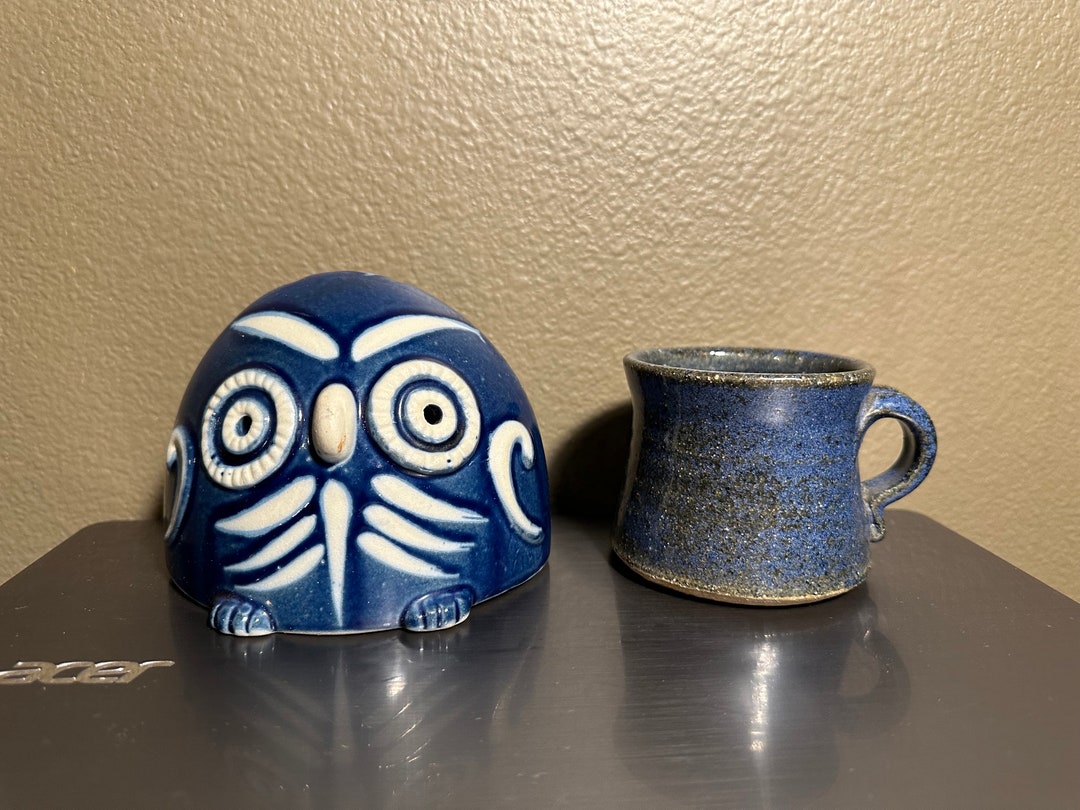 An Unique Art Pottery Blue Ceramic OWL and a Rusty Blue Mug - Etsy