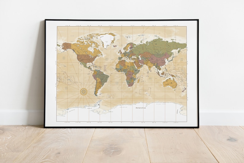 Vintage World Map Poster - World Map Wall Art - Modern Home Decor ...