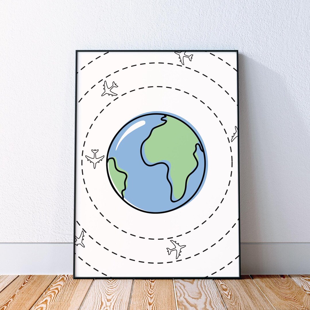 Line Art World Map Print – Plane Path Wall Art – Around the World ...