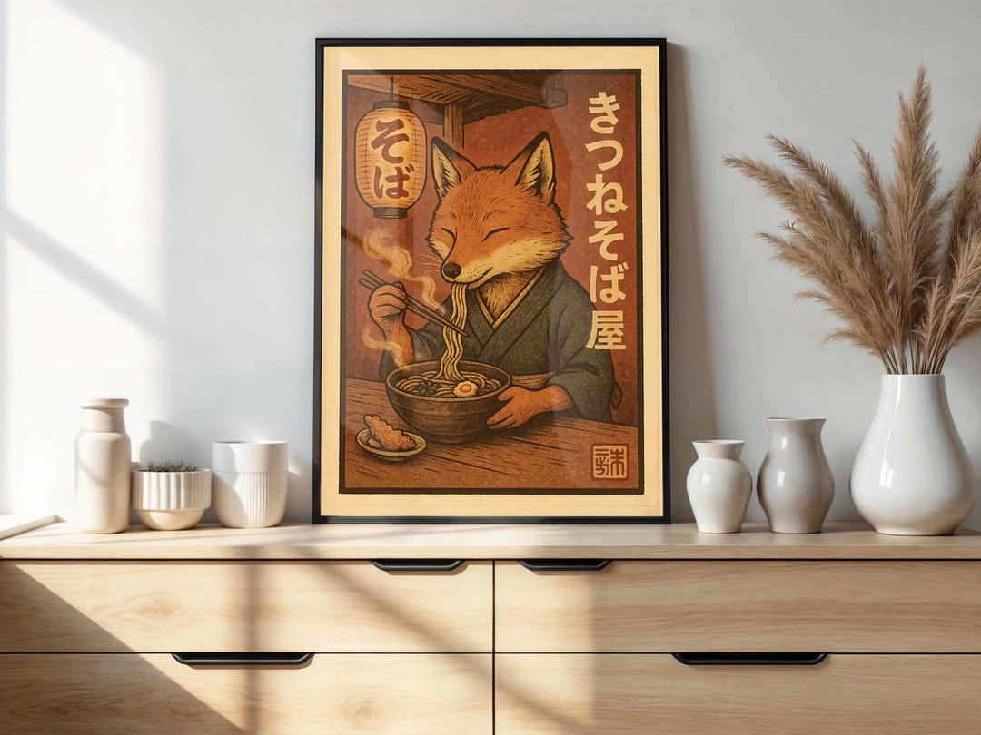 Soba Fox Wall Art – Japanese Noodle Art Print | Fox Eating Soba Poster ...