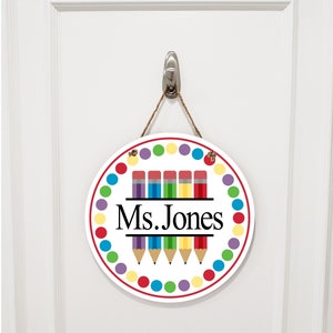 Teacher Round Door Hanger, Colored Pencils, Polka Dots, Split Design ...