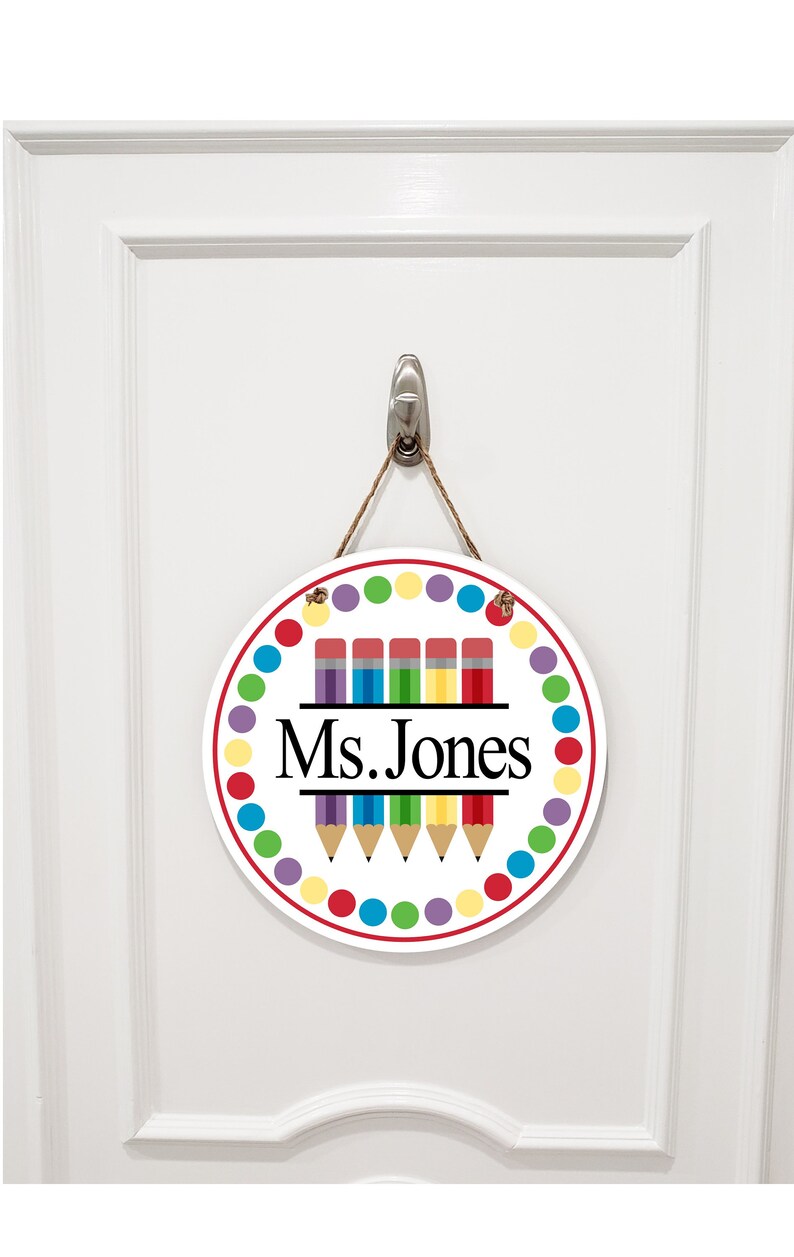Teacher Round Door Hanger, Colored Pencils, Polka Dots, Split Design ...