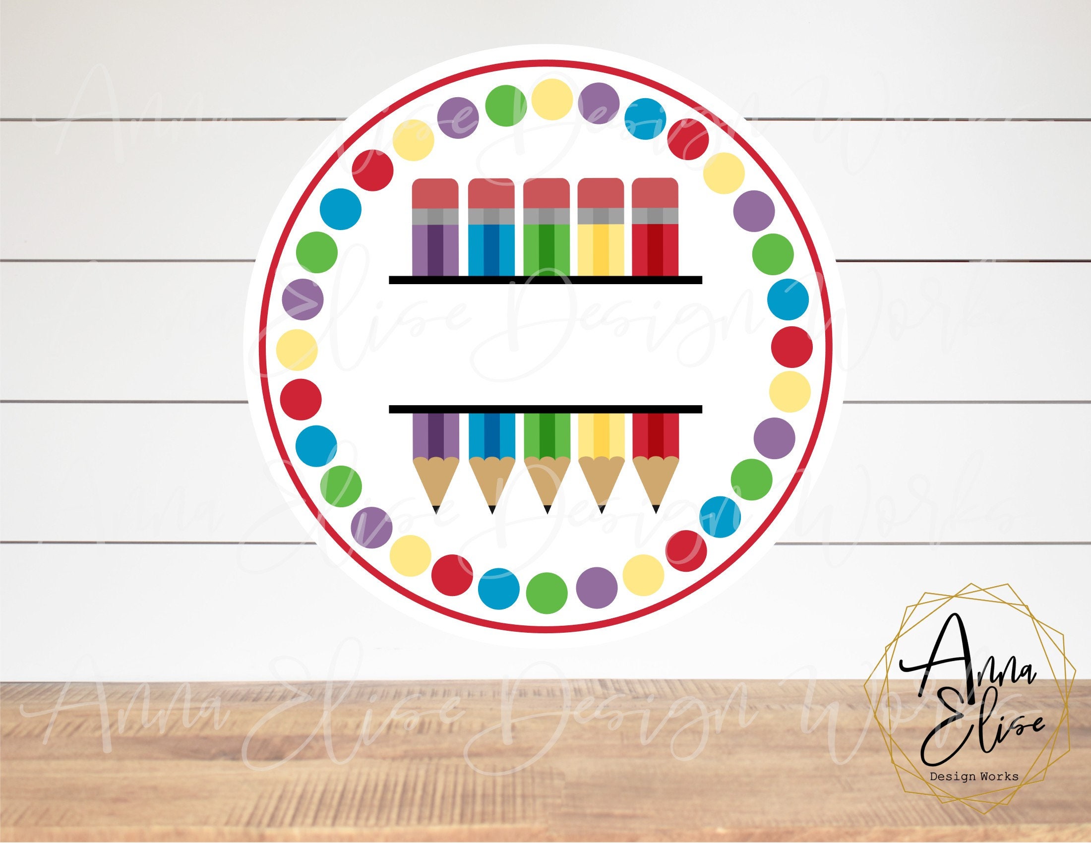Teacher Round Door Hanger, Colored Pencils, Polka Dots, Split Design ...