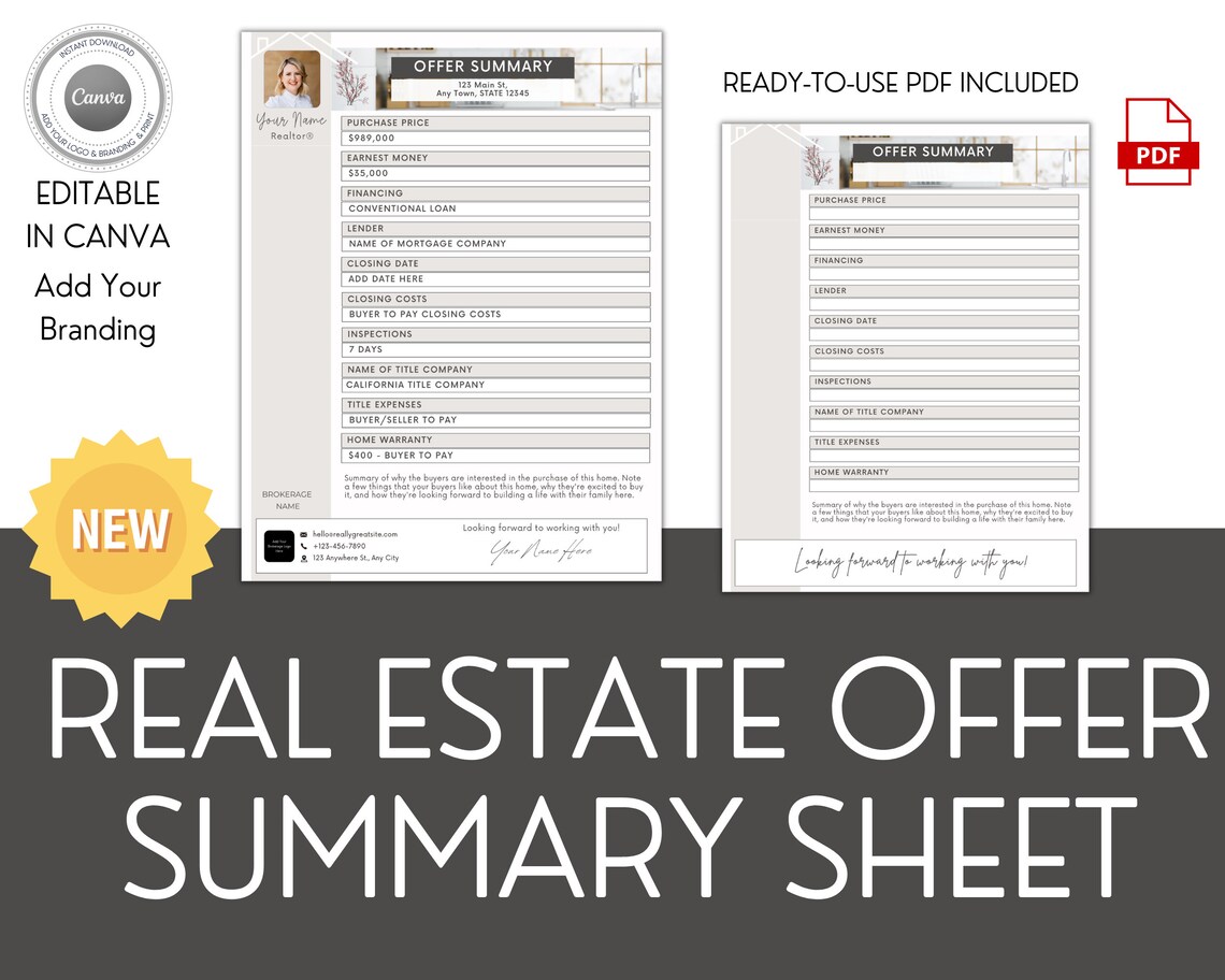 Real Estate Offer Summary Sheet, Real Estate Marketing, Real Estate ...