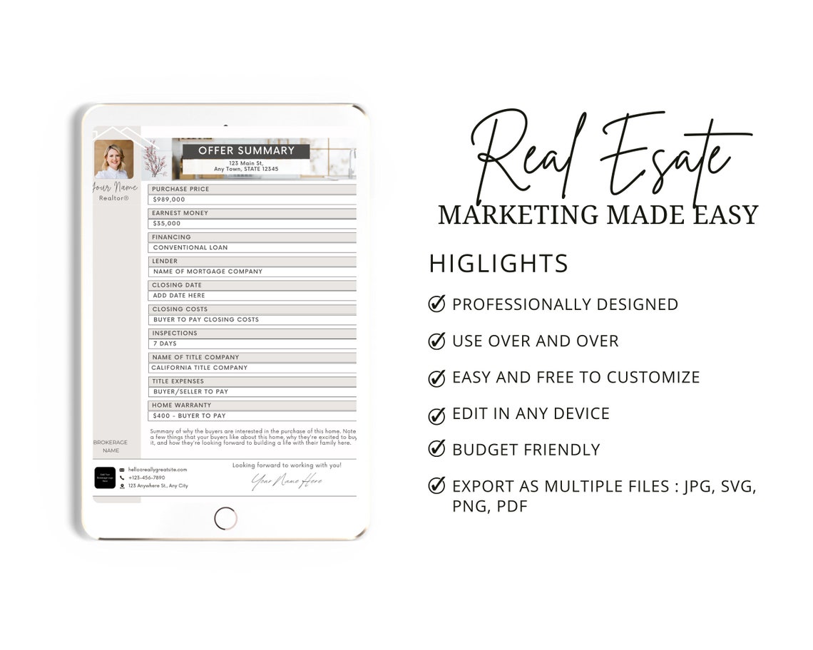 Real Estate Offer Summary Sheet, Real Estate Marketing, Real Estate ...