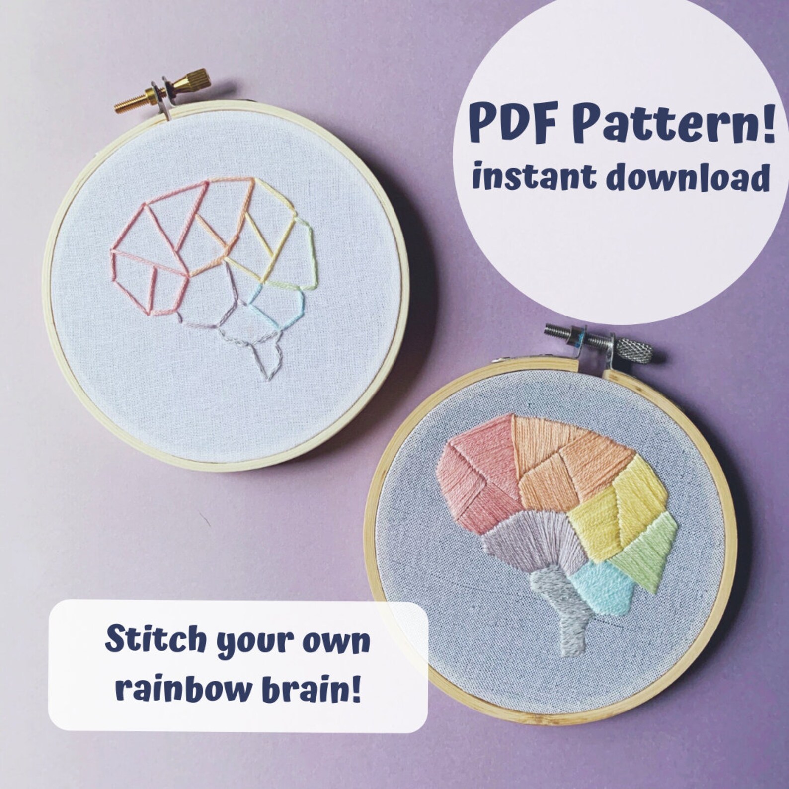 Rainbow Brain Embroidery Pattern, Brainbow, Beginner Embroidery PDF ...
