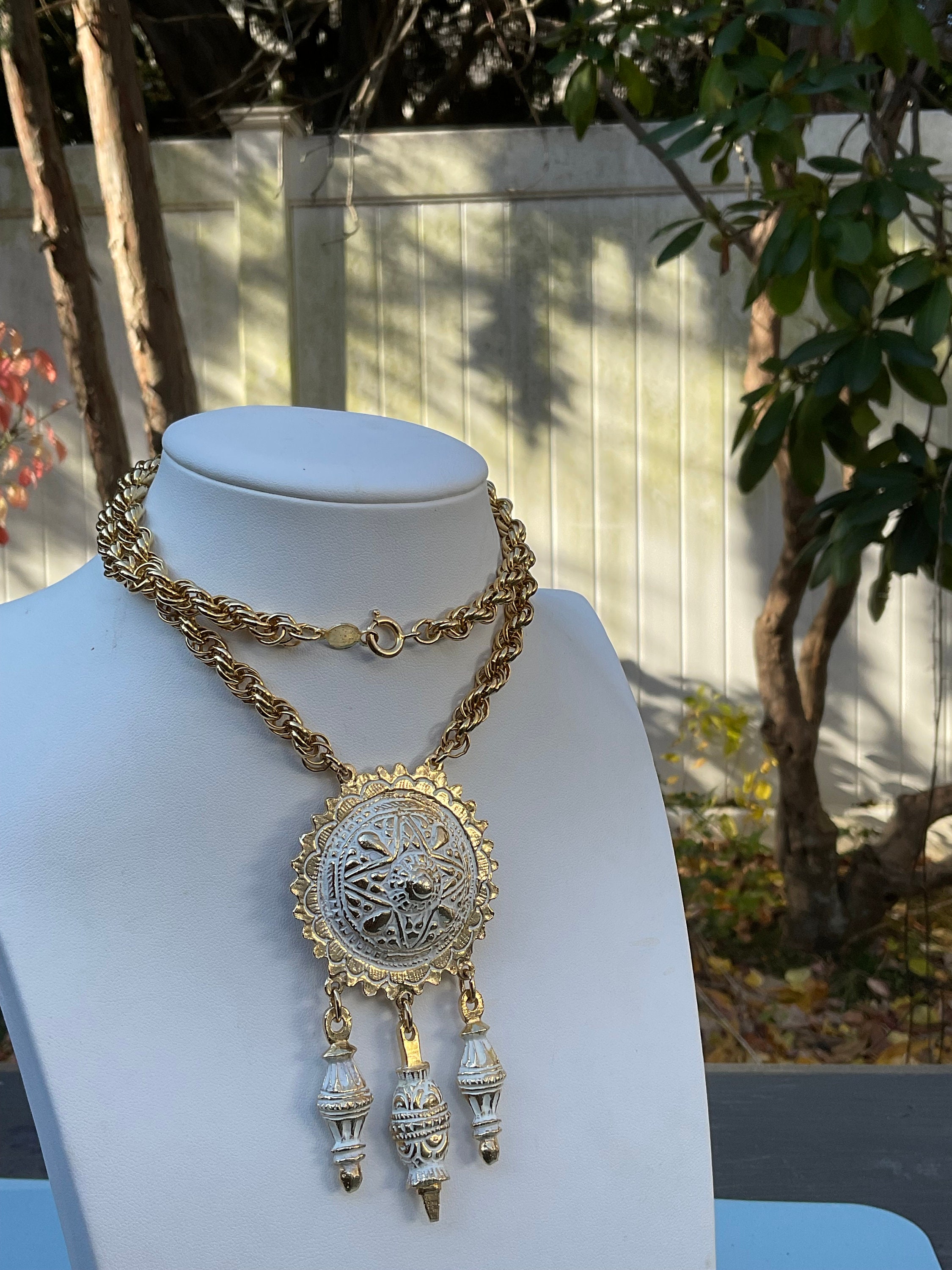 1970s Accessocraft NYC Gold and Winter White Domed Sun Medallion With 3 ...