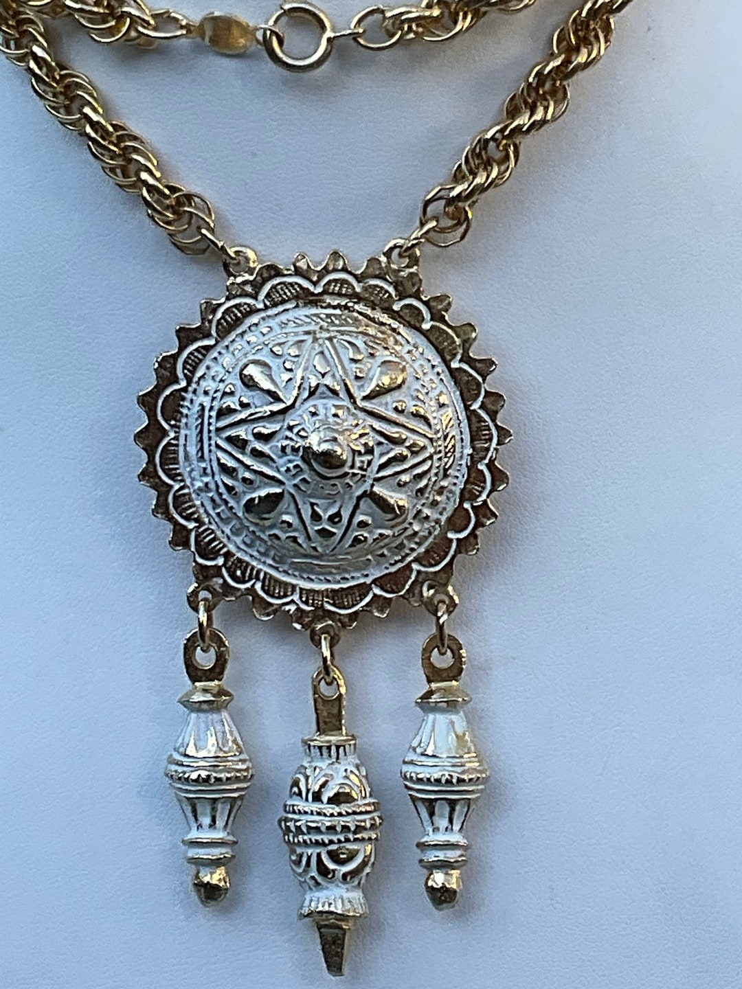 1970s Accessocraft NYC Gold and Winter White Domed Sun Medallion With 3 ...