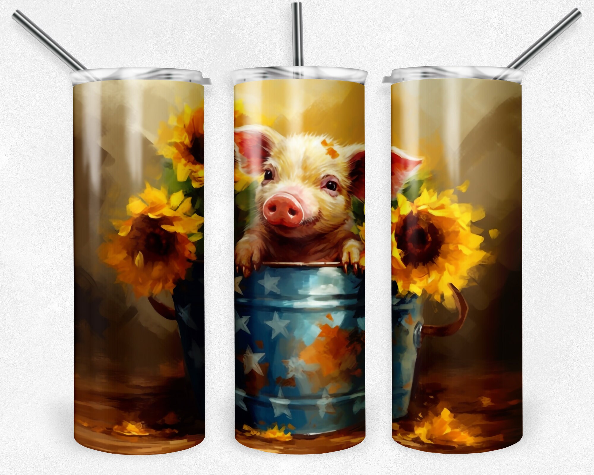 Baby Pig in a Bucket With US Flag and Sunflower Tumbler Wrap 20 Oz ...