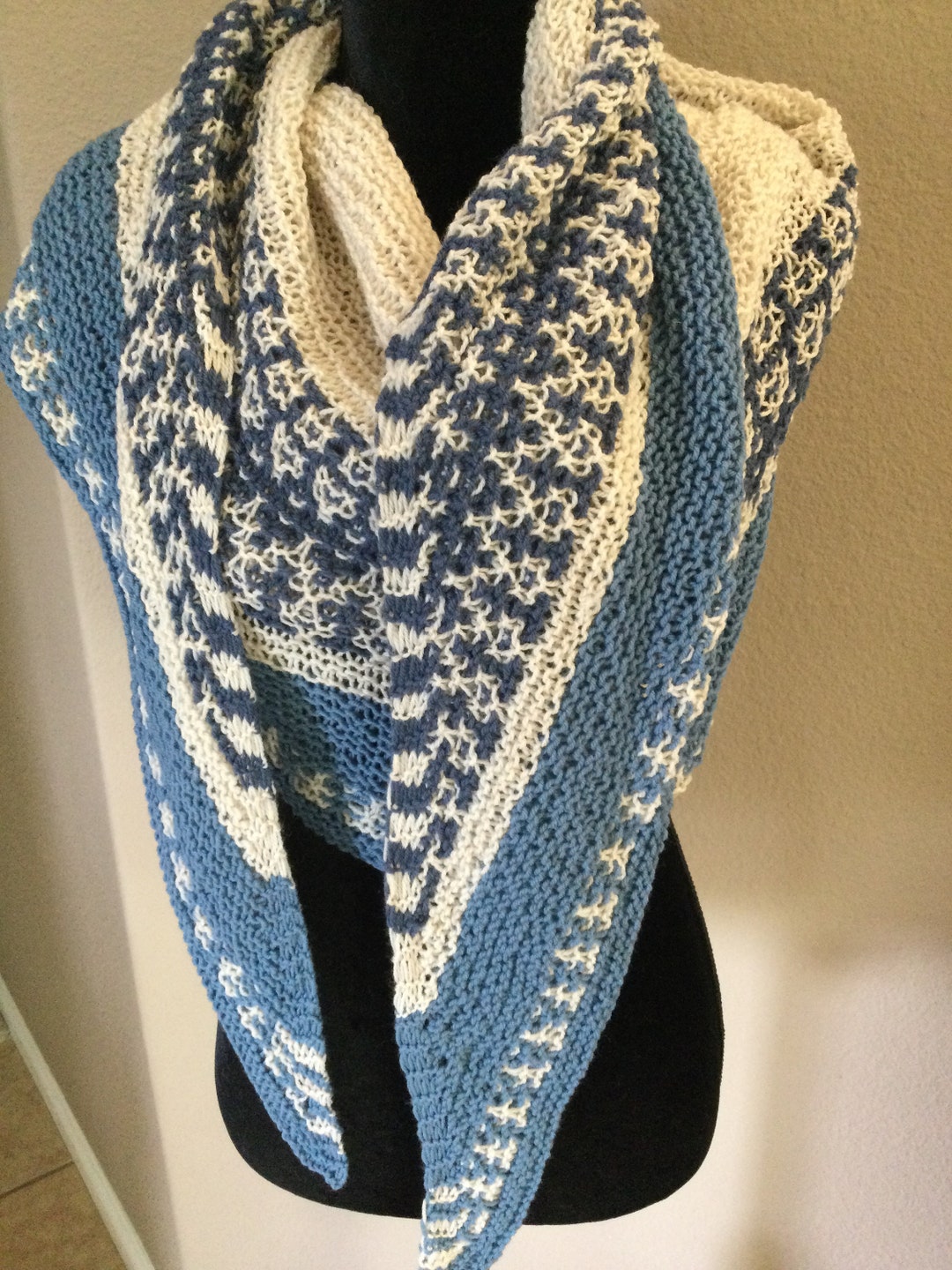 Hand Knit Crescent Woman’s Shawl Wrap Scarf in Mosaic Blue Pattern ...
