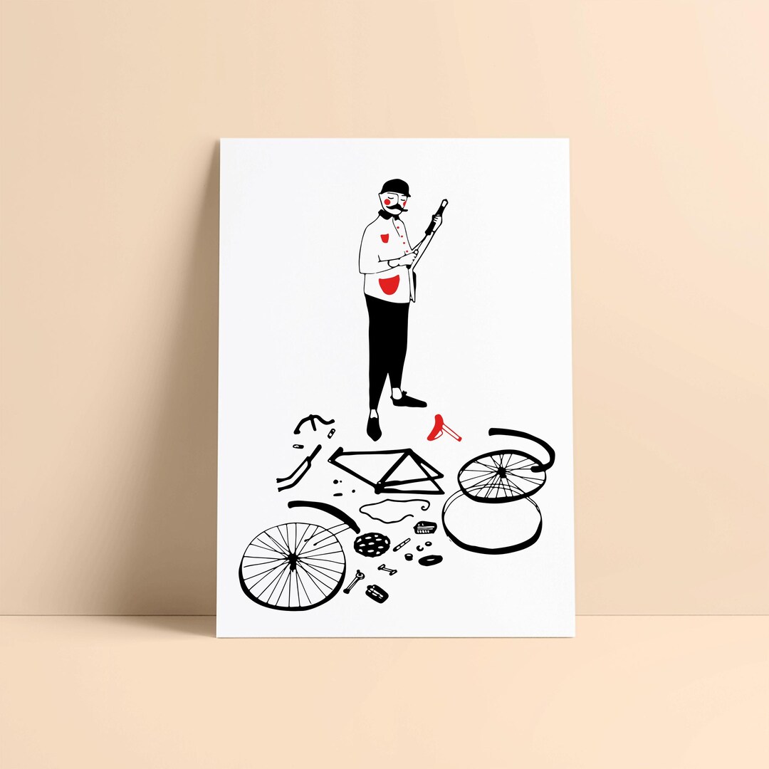 Bicycle Men Biker Card Bike Parts Print A4 Poster Illustration ...
