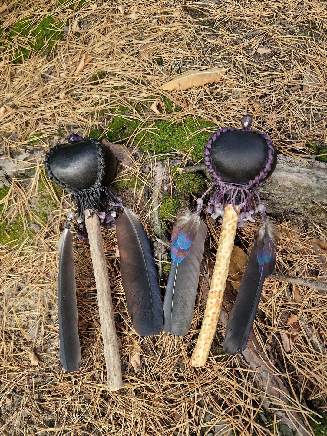Raven Shamanic Rattle. Amethyst Crystal & Leather Maracas. Spiritual ...