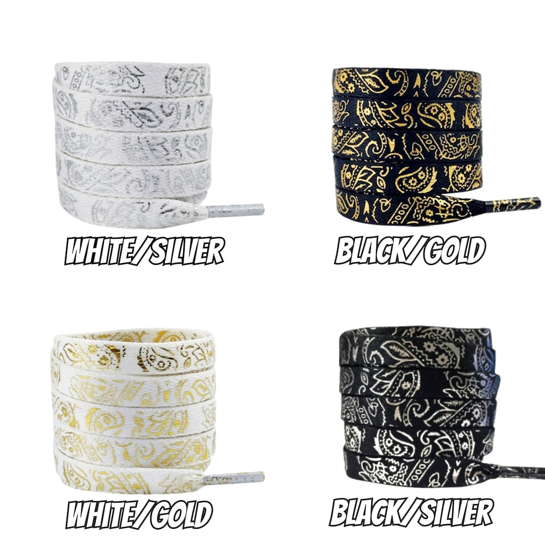Gold / Silver Bandana Print Flat Laces Paisley for AIR AJ Jordan Force ...