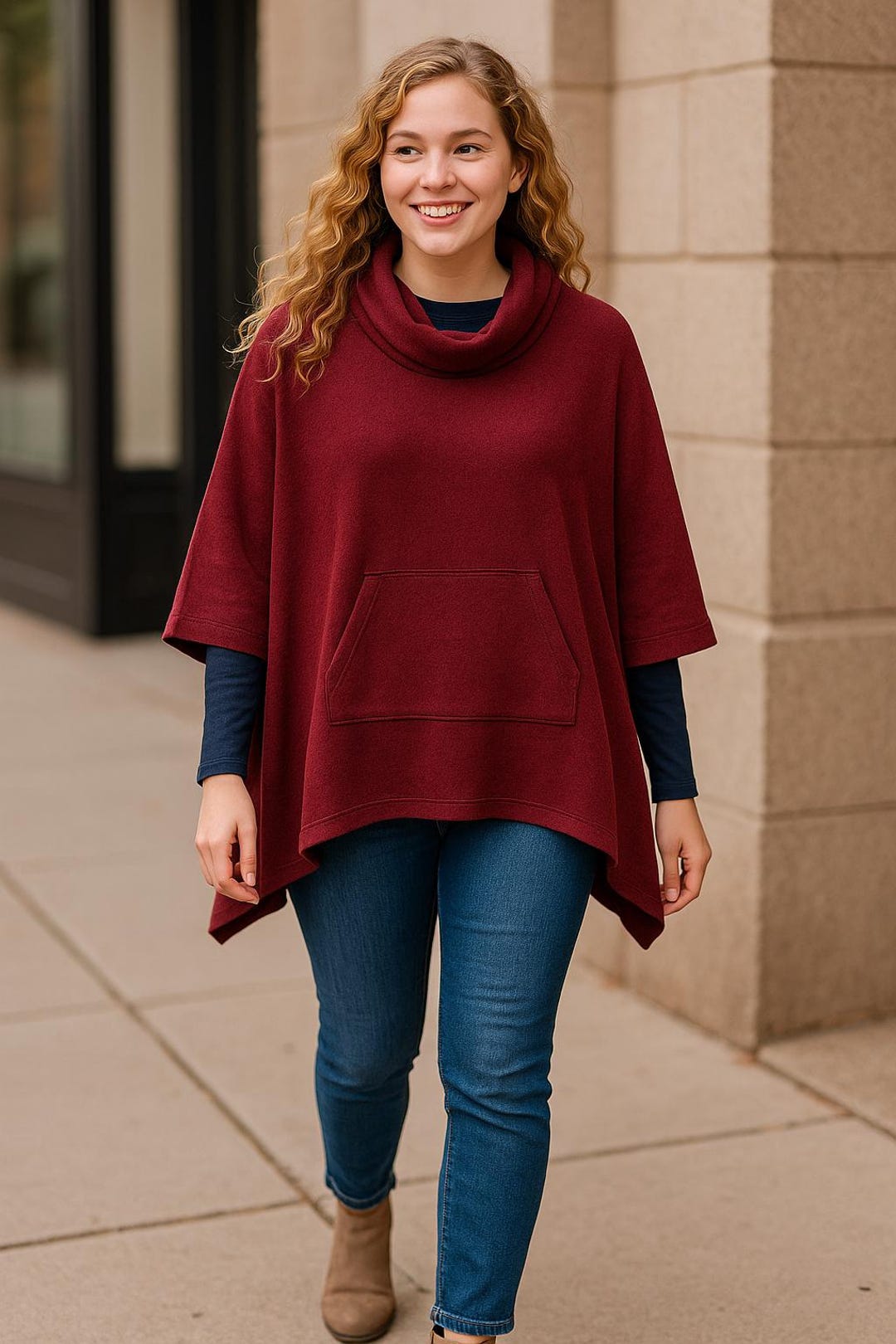 Cowl Neck Knit Poncho, Pdf Sewing Pattern, Kangaroo Pocket, Formats A0 ...