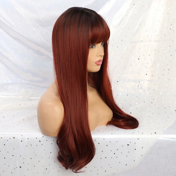 Long Red Wig With Bangs - Etsy