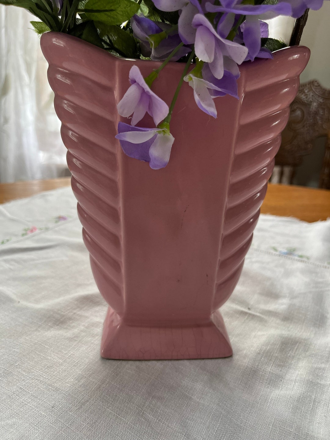 Mid Century Pink Mauve V Shaped Fan Vase Ribbed Unique Design 7-3/4 ...