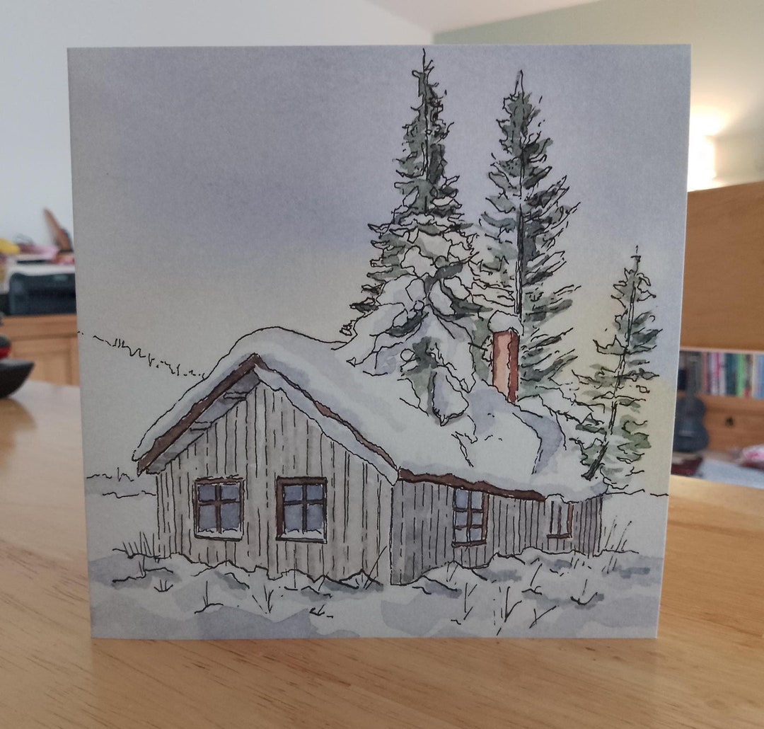 Snowy Cabin Christmas Cards Pack of 4 - Etsy