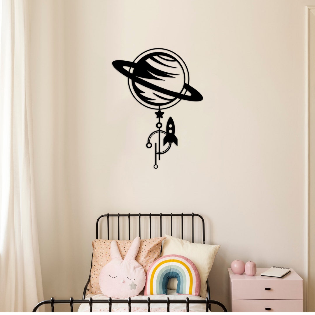 Saturn With Rocket Ship Metal Wall Decor, Outer Space Room Decor, Large ...
