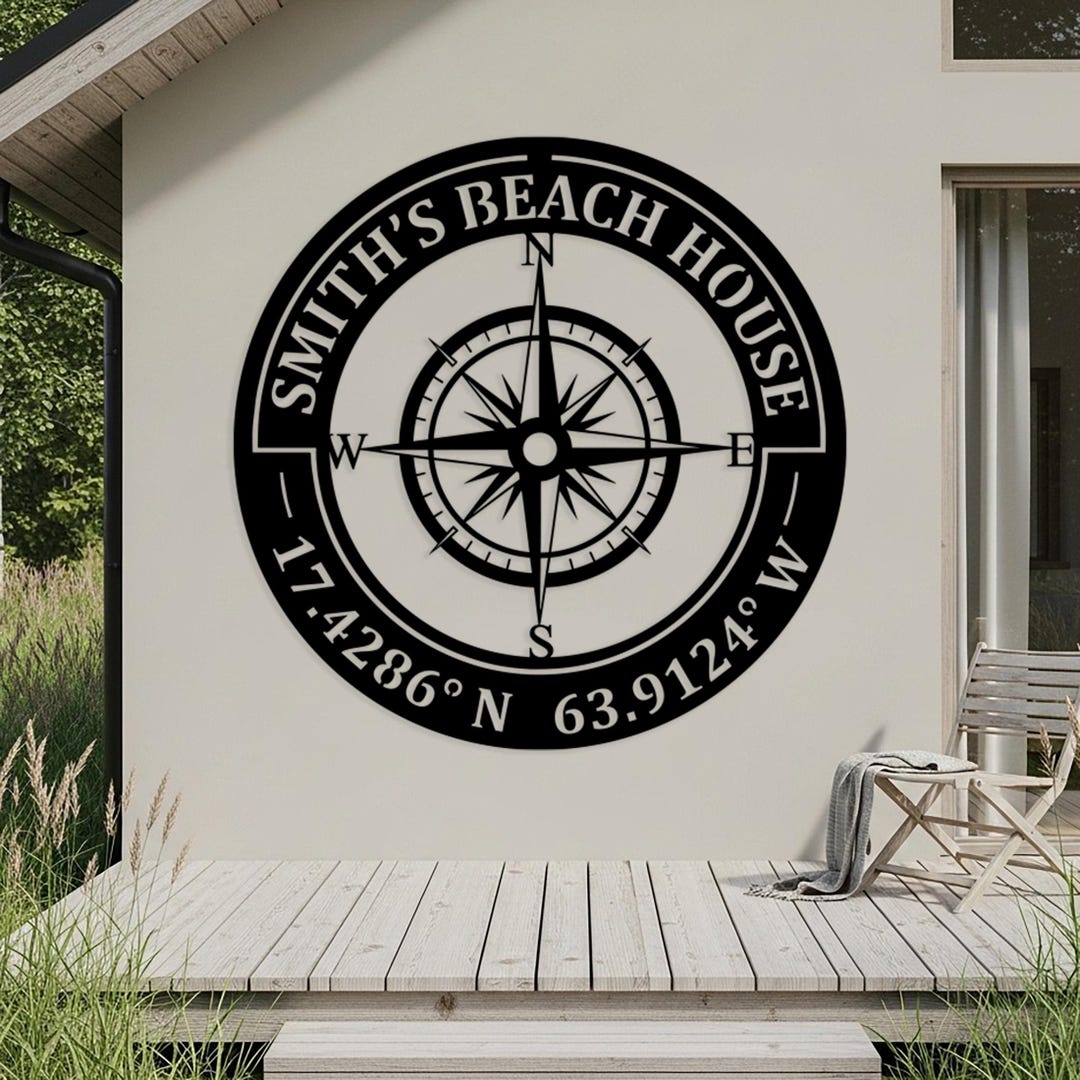 Custom Compass Metal Sign, Personalized Coordinates Wall Art, Coastal ...