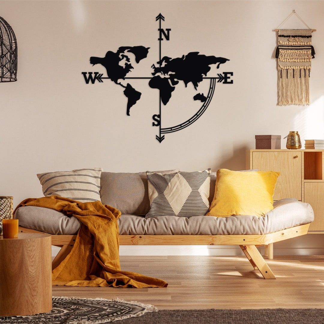 World Map Metal Wall Decor, Large World Map Wall Art, Compass Wall ...