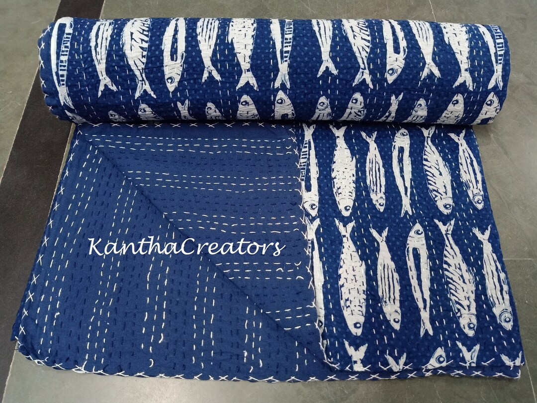 Blue Indigo Fish Print Bedcover Reversible Cotton Bedspread Indian ...
