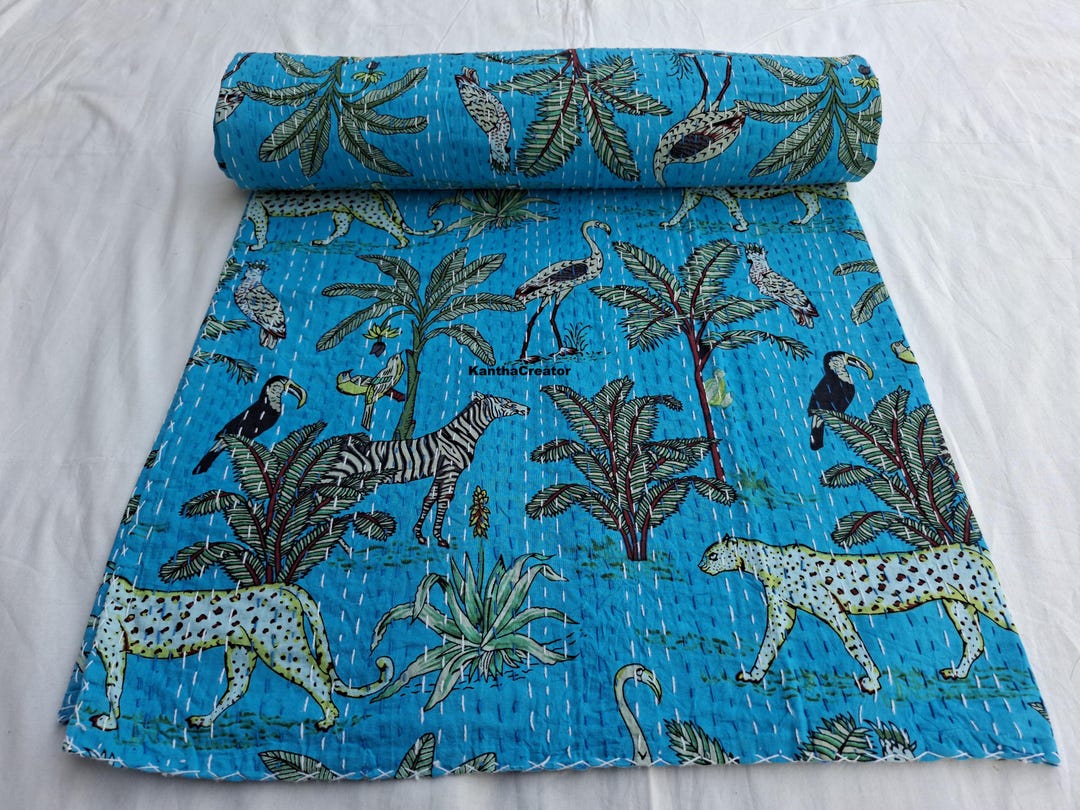 Jungle Block Print Kantha Throw, Hand Stitch Reversible Cotton ...