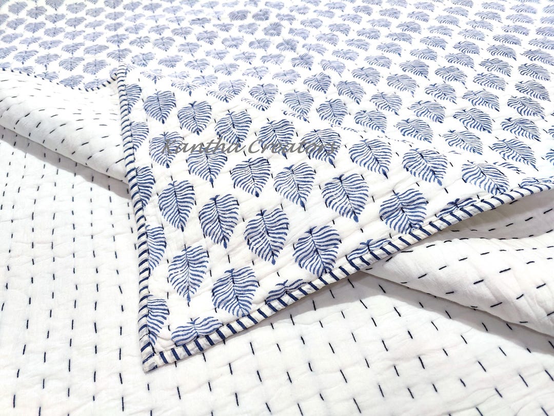 Solid White & Blue Leave Block Print Cotton Kantha Quilt, Indian ...