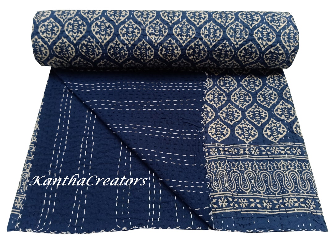 Hand Block Print Bedding Coverlet King Size Kantha Bedcover Blue Indigo ...