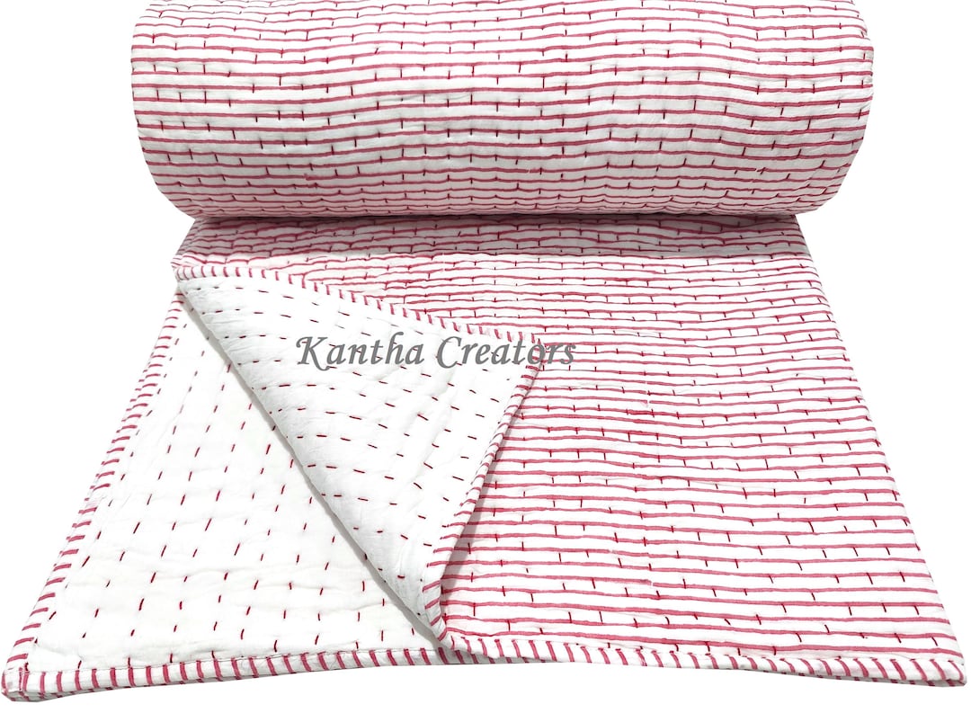 Pink Striped Block Printed Cotton Kantha Quilt, Reversible Handmade ...