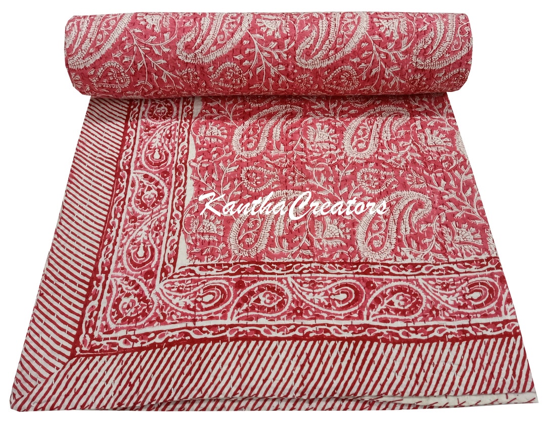 Paisley Print Handmade Kantha Quilt Pure Cotton Bedcover Hand Stitch ...