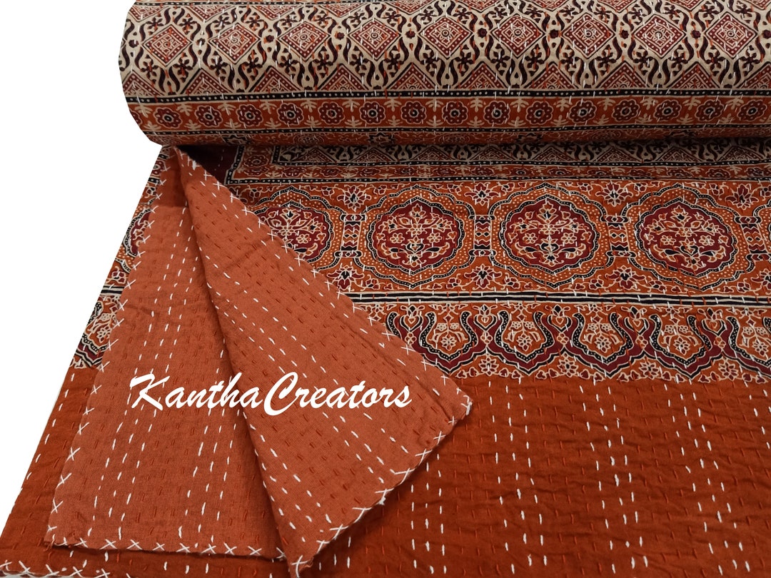 Handmade Ajrak Printed Kantha Stitch Quilt, Light Weight Pure Cotton Bedspread, Reversible Multi ...