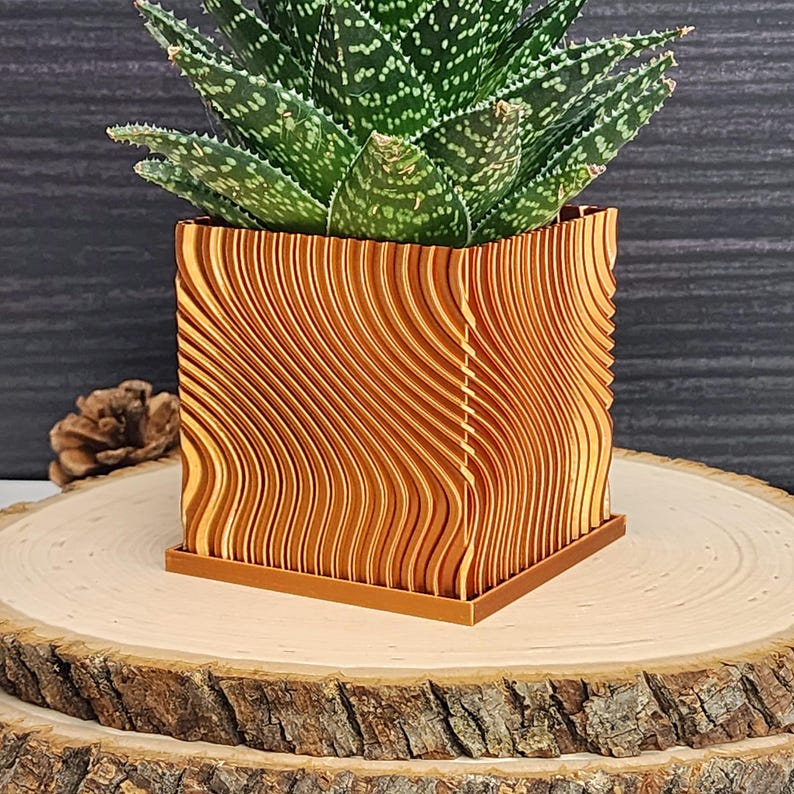 Wavy Square Planter With Optional Drip Tray in Shiny Copper Color - Etsy