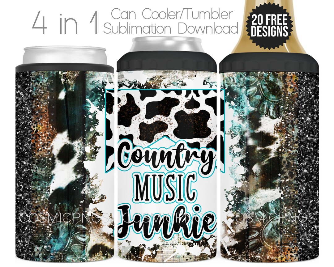 Western 4 in 1 Can Cooler Wrap Design PNG - Turquoise and Cow Print ...