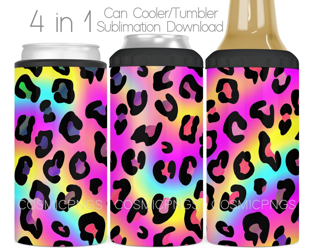 Colorful Leopard Print 4 in 1 Can Cooler Sublimation Wrap PNG Leopard 4 ...