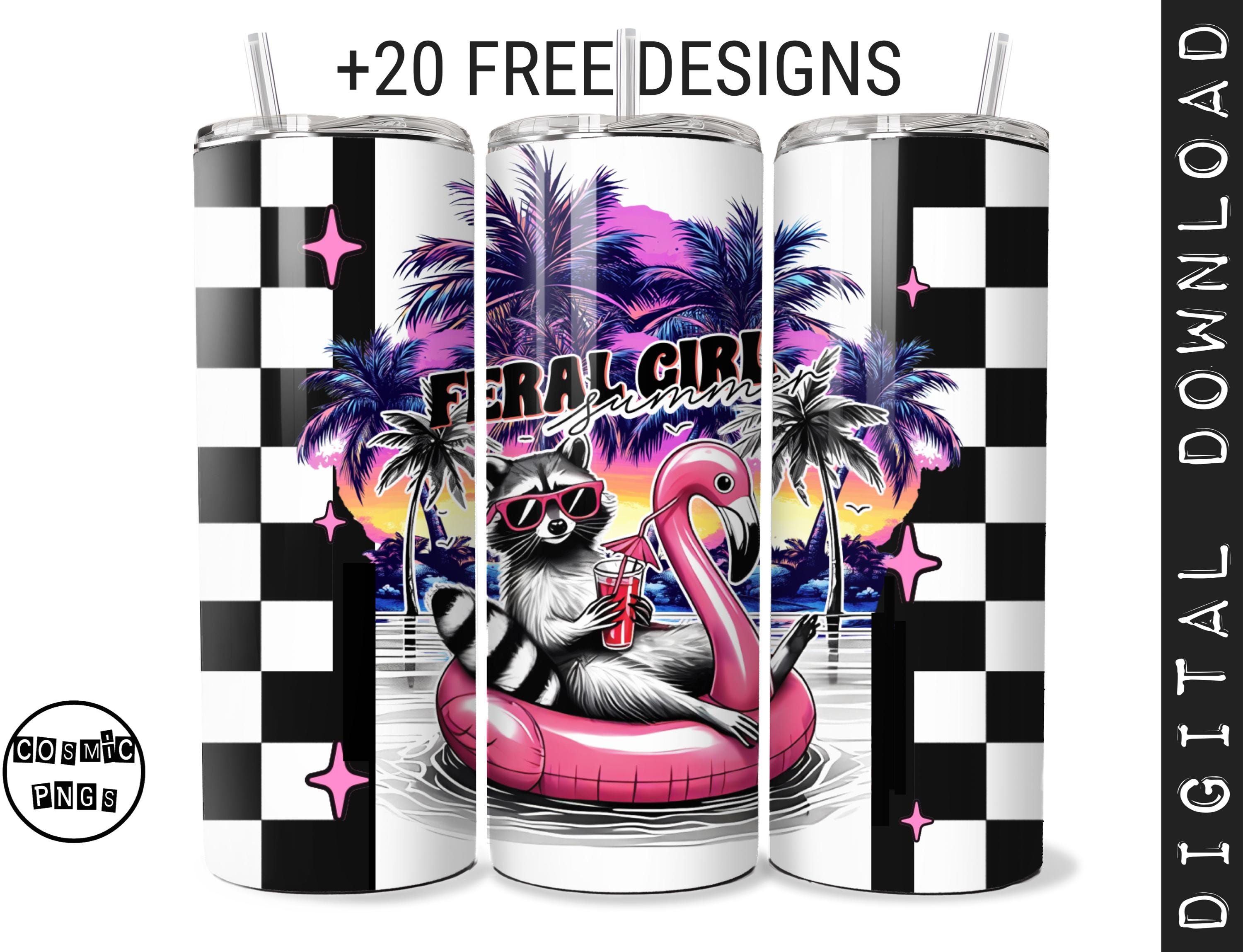 Feral Girl Summer Tumbler Wrap: Retro Checkered Raccoon Design (PNG ...