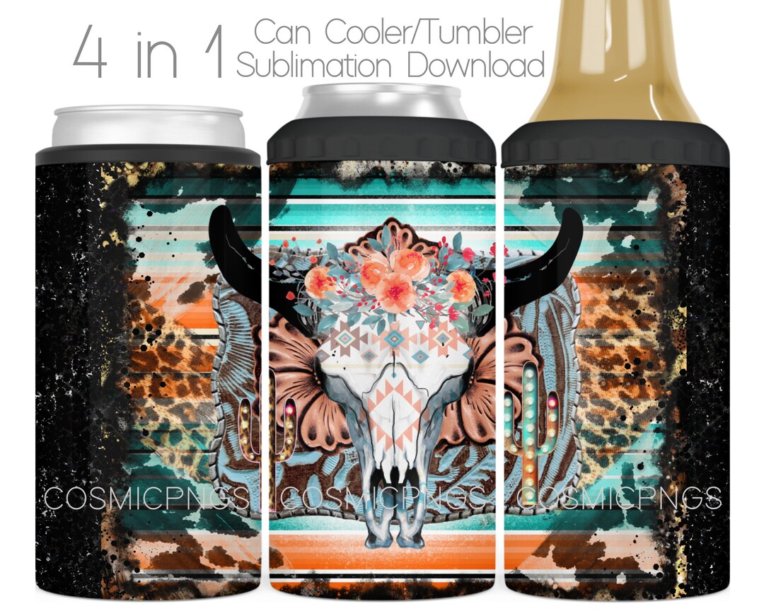 Western 4 in 1 Can Cooler Sublimation Wrap Design PNG Turquoise Leopard ...