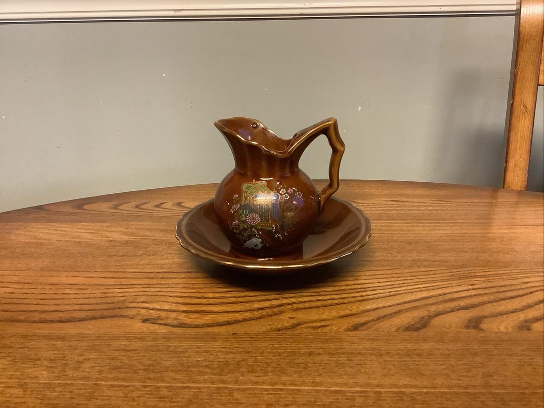 Vintage Miniature Pitcher and Bowl Basin Floral 4 Inch Tall Gold ...