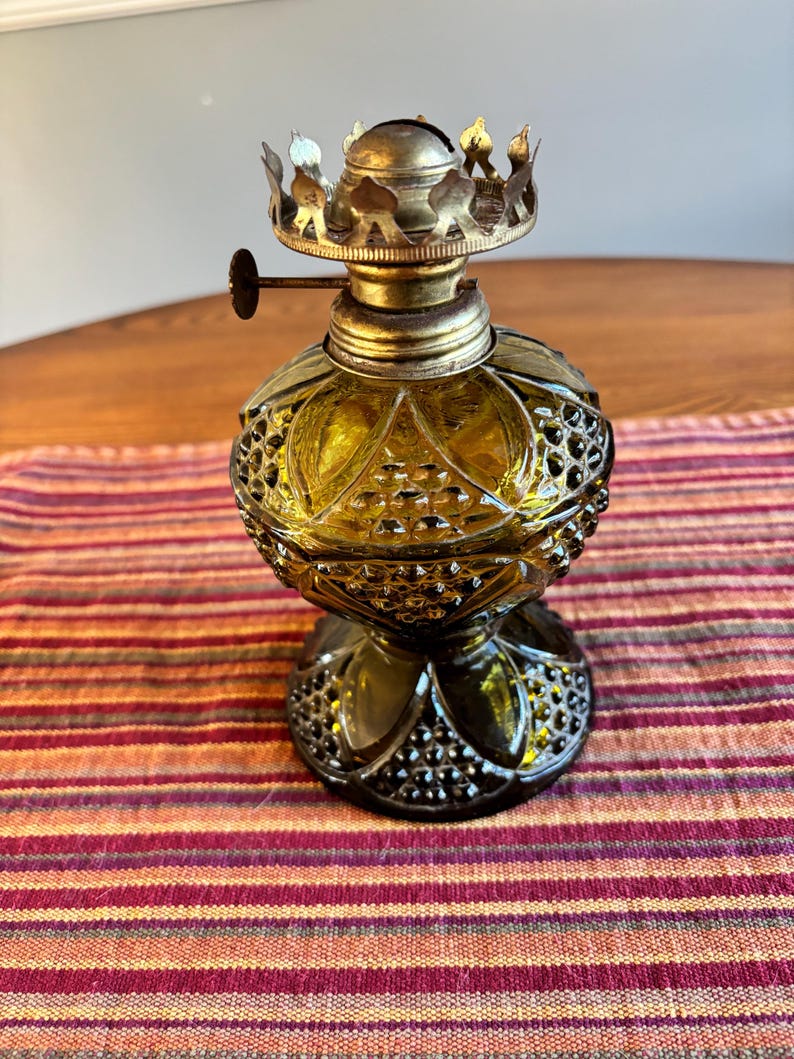 Vintage Olive Green Pressed Glass Oil Lamp - Etsy