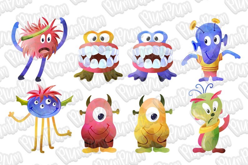 Monsters Clipart, Watercolor Monsters, Watercolor Clipart, Monsters ...