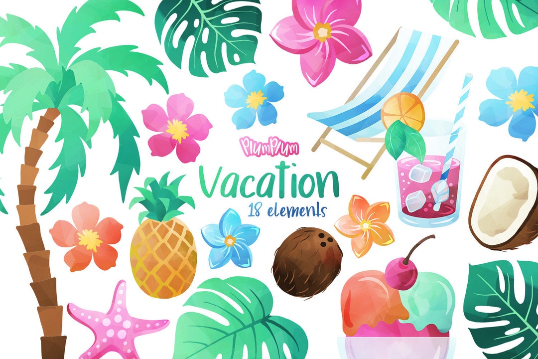 Vacation Clipart, Watercolor Clipart, Watercolor Tropical, Summer ...