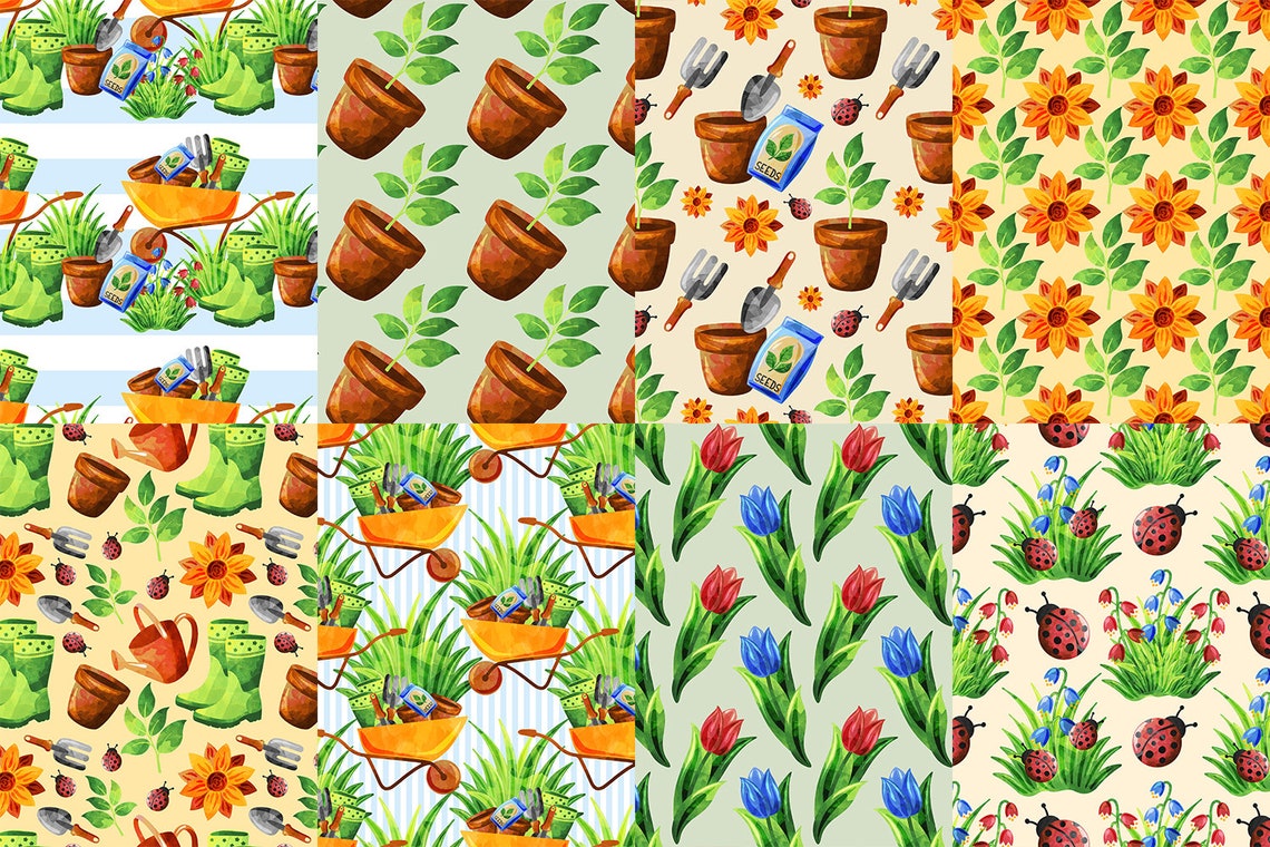 Gardening Digital Paper, Spring Digital Paper, Gardening Illustration ...