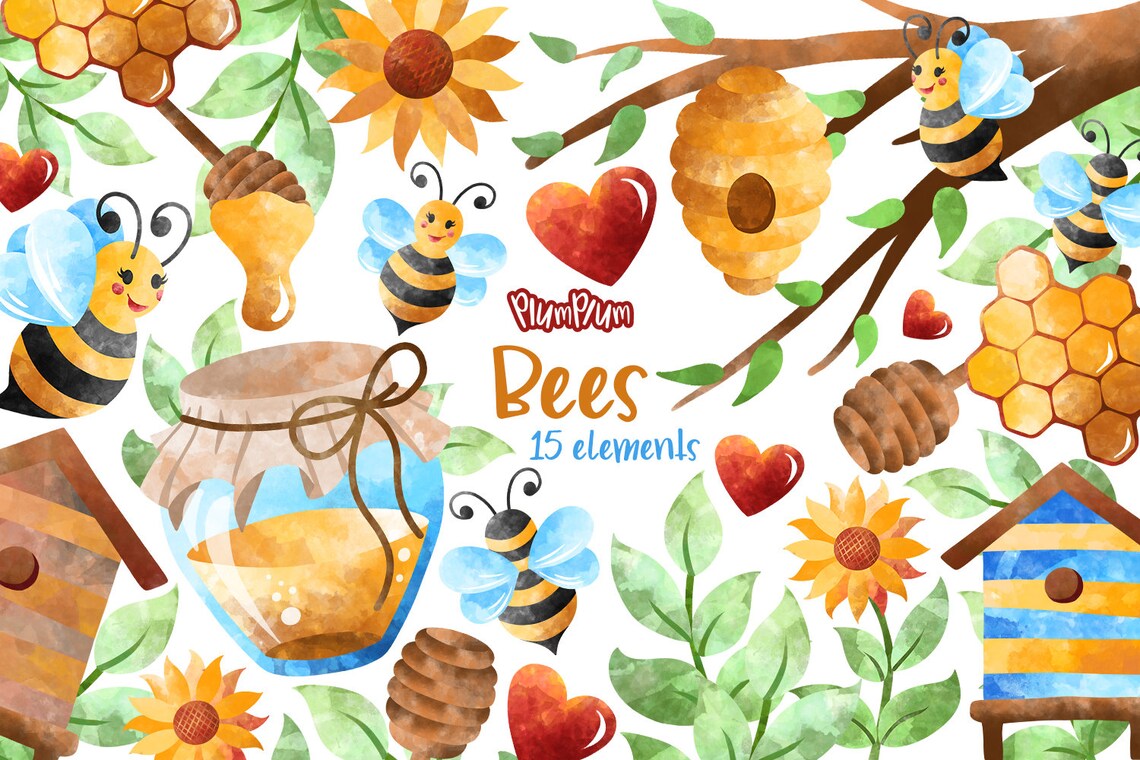 Bees Watercolor Cliparts, Cute Bees, Honey Clipart, Cute Animals ...
