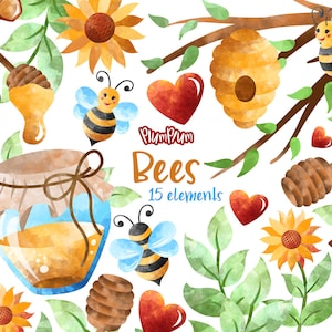 Bees Watercolor Cliparts, Cute Bees, Honey Clipart, Cute Animals ...