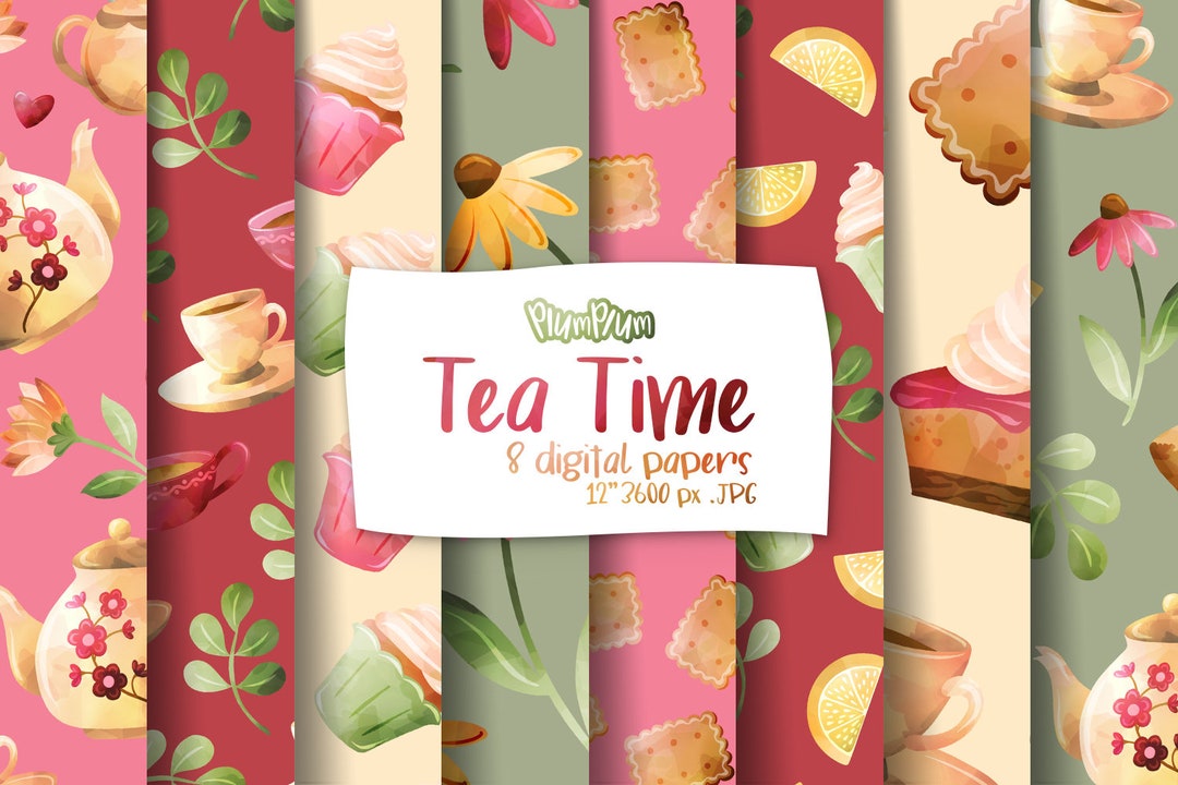 Tea Time Digital Paper, Spring Digital Paper, Spring Graphics, Spring ...