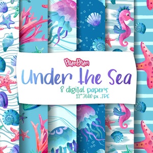 Ocean Digital Paper, Sea Life Pattern, Watercolor Sealife, Ocean ...