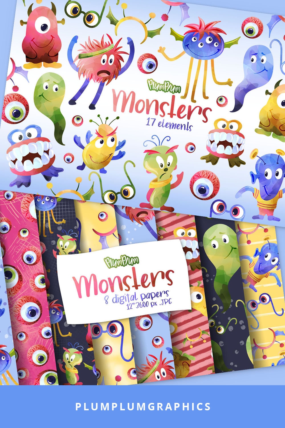 Monsters Digital Papers, Monsters Pattern, Monsters Graphics, Monster ...