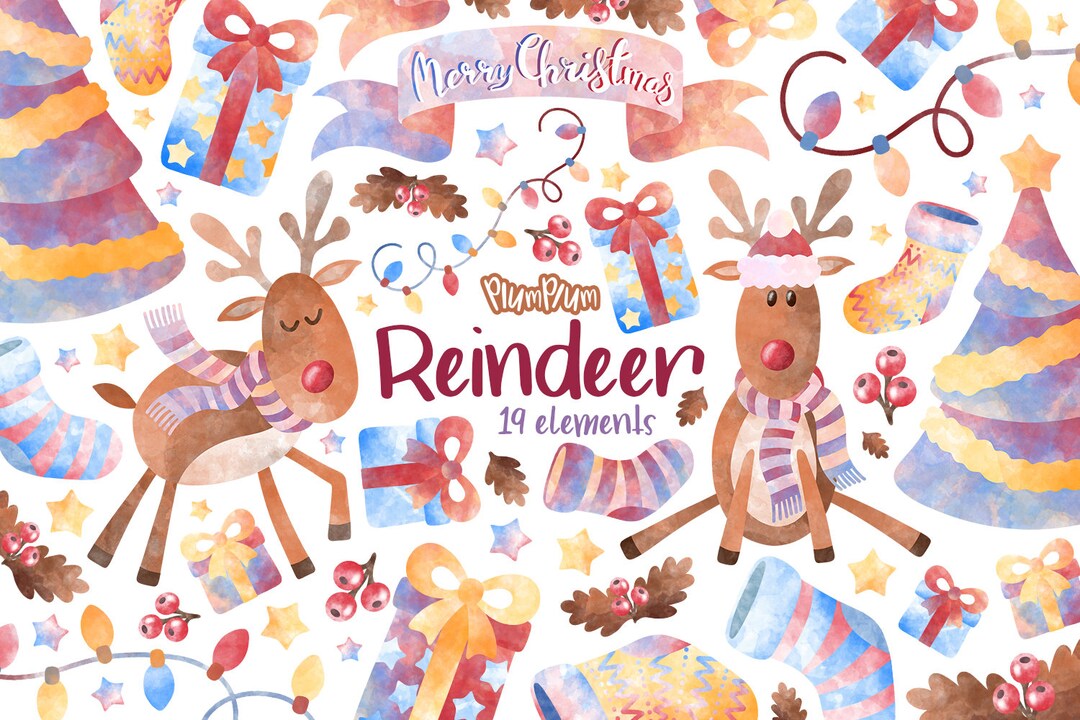 Reindeer Watercolor Cliparts, Christmas Clipart, Cute Reindeer ...
