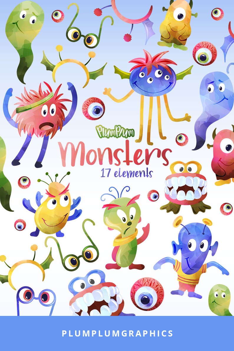Monsters Clipart, Watercolor Monsters, Watercolor Clipart, Monsters ...